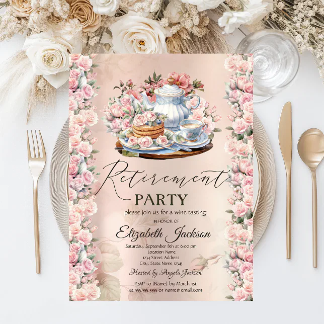 Tea Party Chic Roses Vintage Retirement Party Invitation | Zazzle