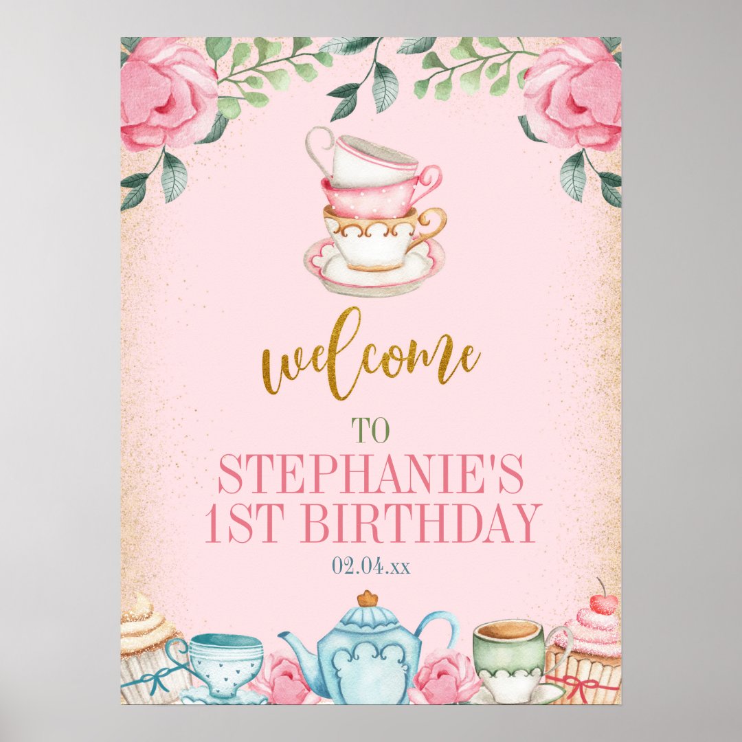 Tea Party Floral Birthday Party Welcome Sign | Zazzle
