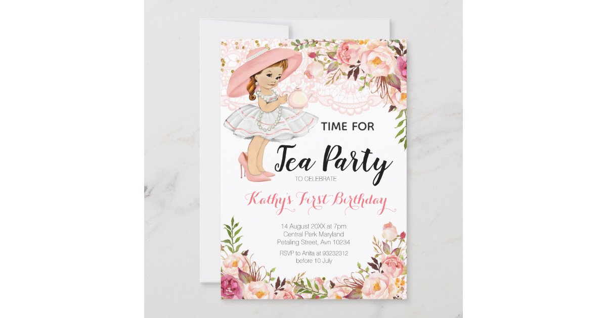 Tea Party Floral Pink Girl Birthday Invitation | Zazzle