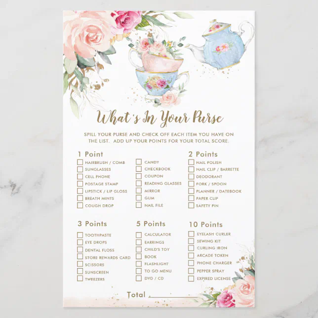 Tea Party Floral Shower What's In Your Purse Game | Zazzle