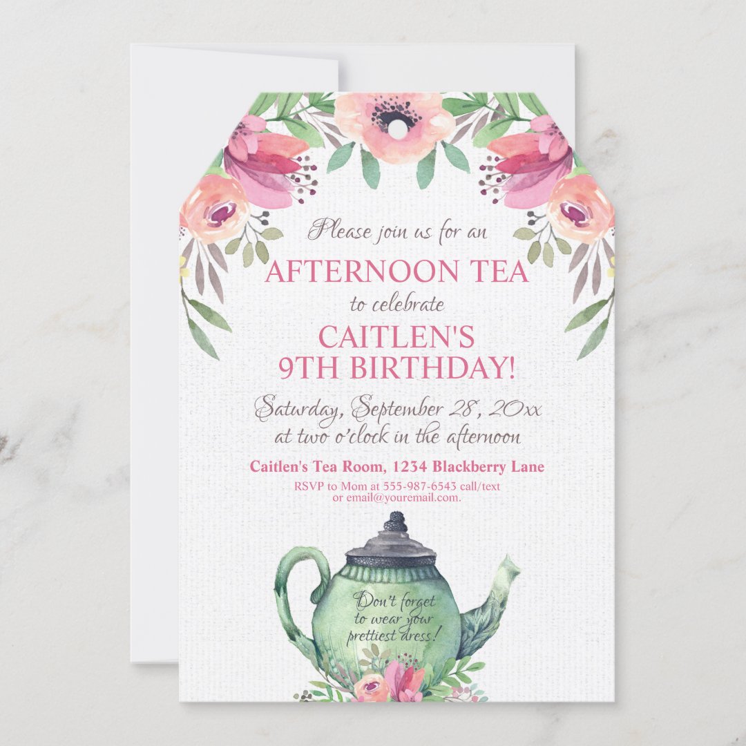 Tea Party Floral Tea Pot Birthday Invitation | Zazzle