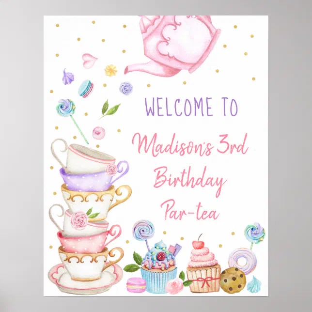 Tea Party Pink Gold Floral Birthday Welcome Poster | Zazzle