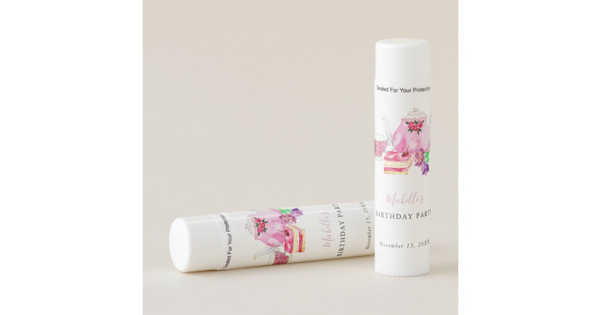 Tea Party Pink Teapot Birthday Watercolor Lip Balm | Zazzle