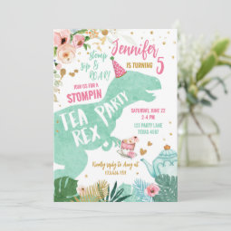 Tea Rex Dinosaur Par-Tea Pink Mint Gold Birthday Invitation | Zazzle