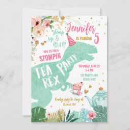 Tea Rex Dinosaur Par-Tea Pink Mint Gold Birthday Invitation | Zazzle