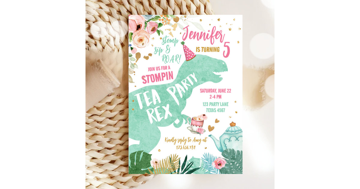 Tea Rex Dinosaur Par-Tea Pink Mint Gold Birthday Invitation | Zazzle