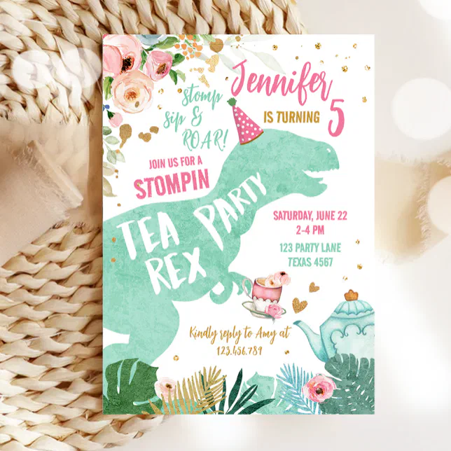 Tea Rex Dinosaur Par-Tea Pink Mint Gold Birthday Invitation | Zazzle