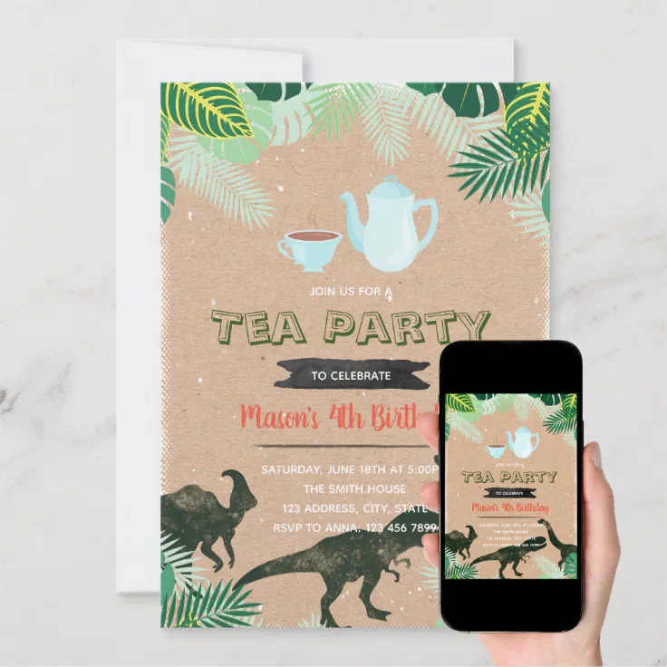 Tea rex party boy invitation | Zazzle