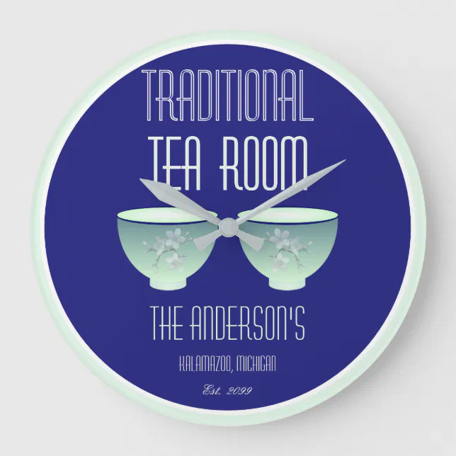 Tea Room Sign Elegant Hand Drawn Flowered Teacups Large Clock | Zazzle
