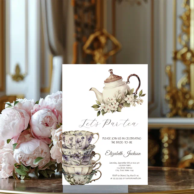 Tea Set Cup Teapot Flowers Gold Bridal Shower Invitation | Zazzle