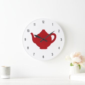 Tea Time Clock, modern red teapot Large Clock | Zazzle