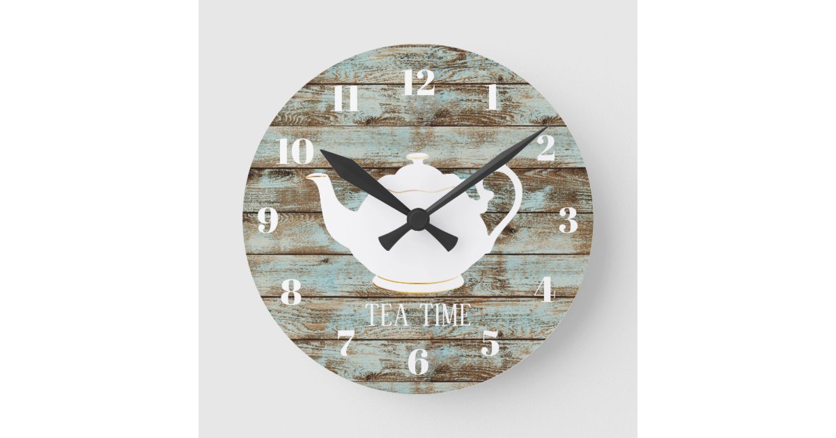 Tea Time Elegant Teapot Rustic Barn Wood Round Clock | Zazzle