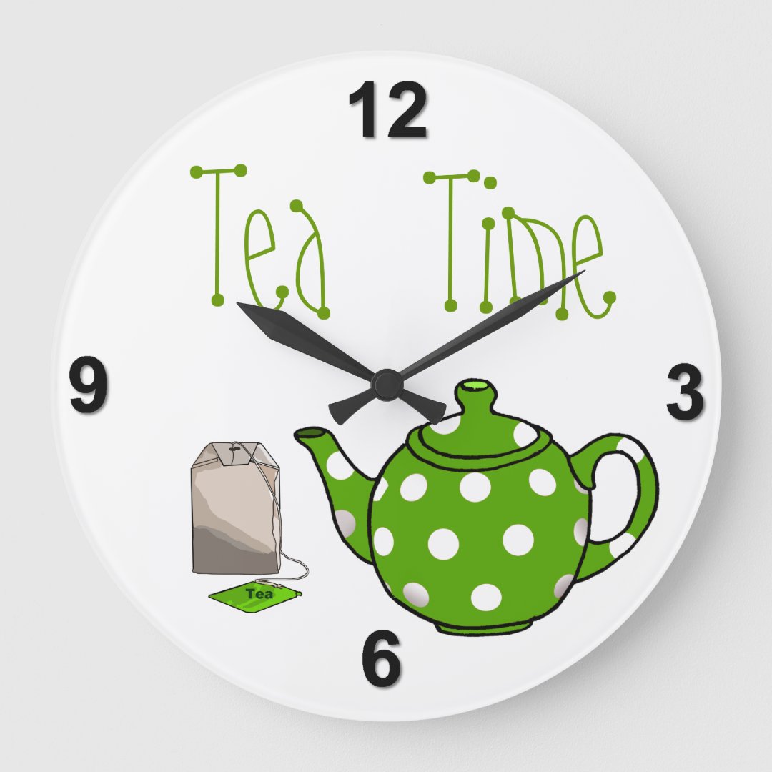 Tea Time Green & White Kitchen Large Clock | Zazzle