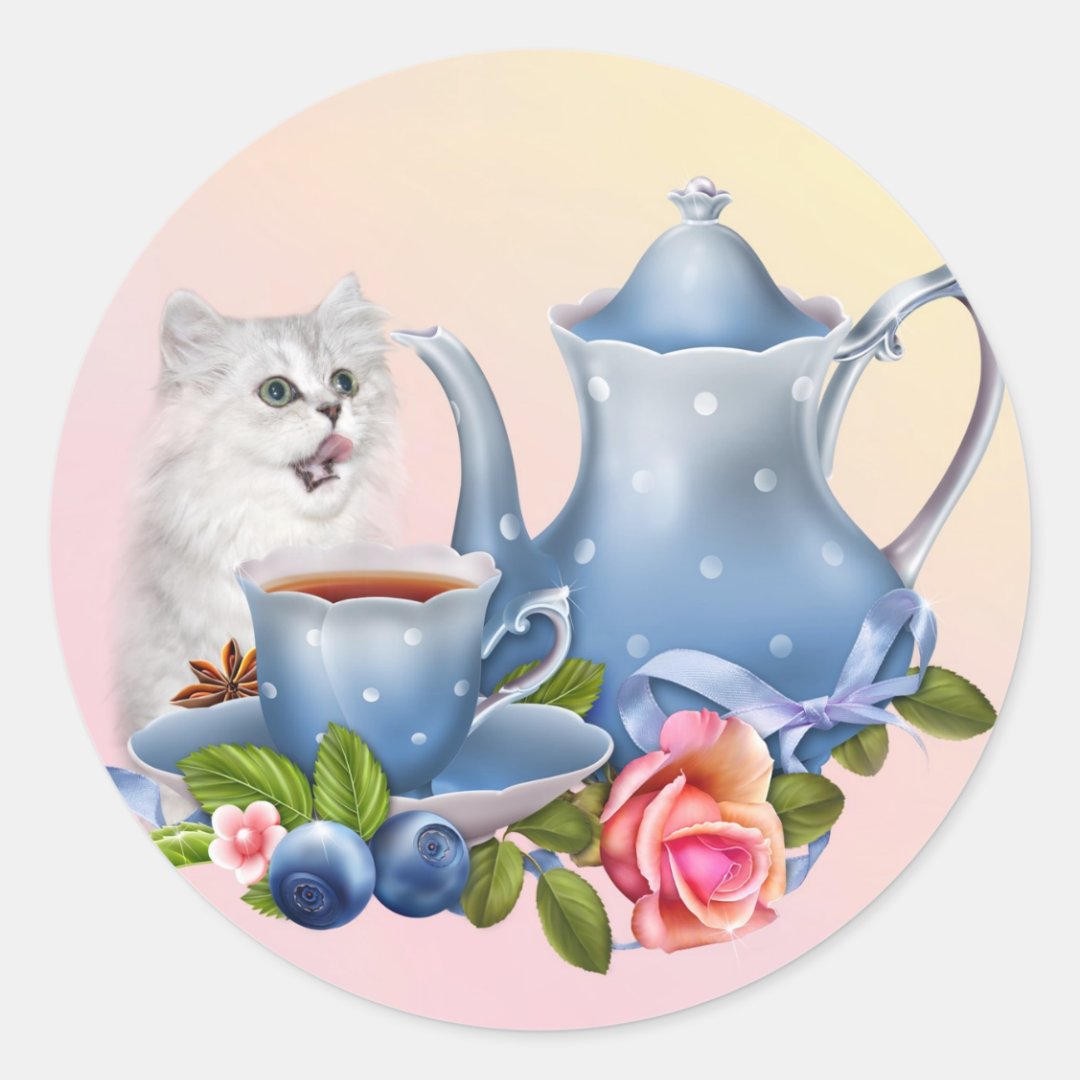 Tea time kitten classic round sticker | Zazzle