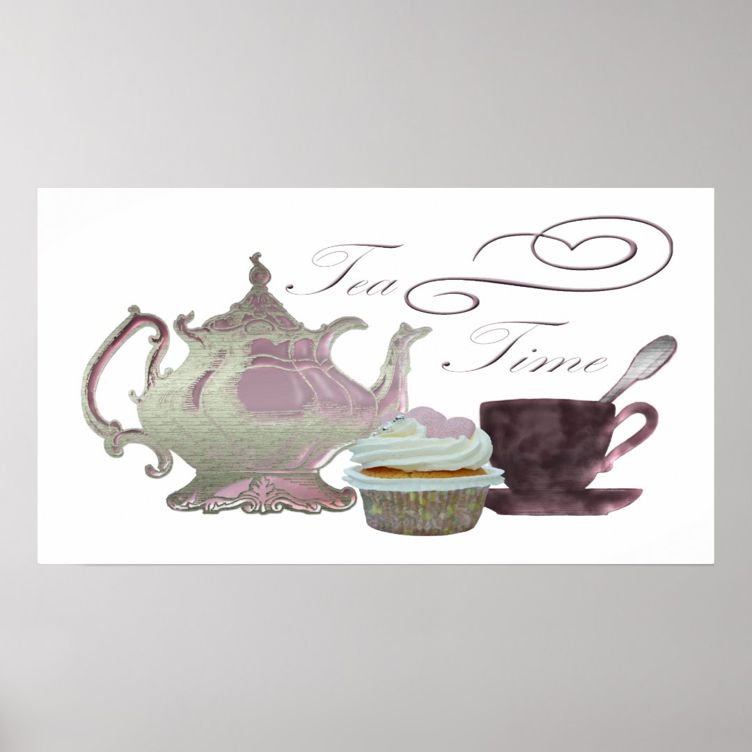 Tea time lilac teapot, teacup and cupcake Poster | Zazzle