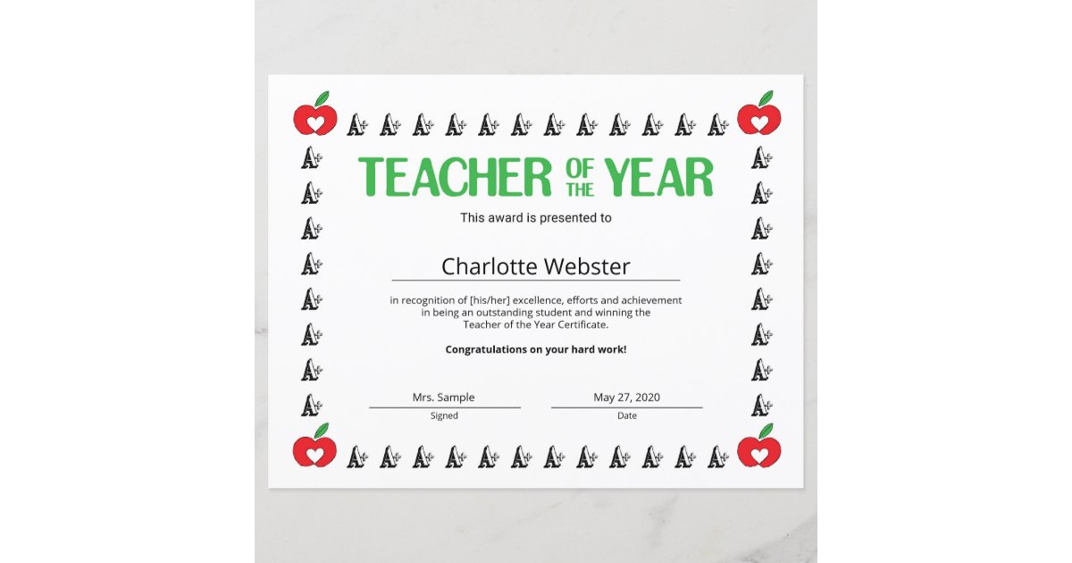 Teacher Achievement Teacher of the YearCertificate | Zazzle