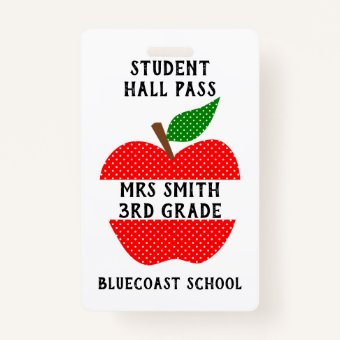 Teacher Apple Hall Pass or Bathroom pass Badge | Zazzle