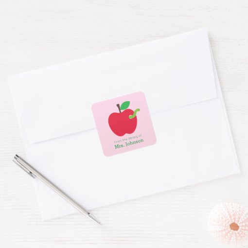 Teacher Apple with Worm From the Library of Square Sticker | Zazzle