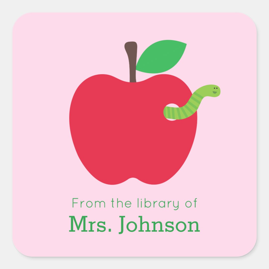 Teacher Apple with Worm From the Library of Square Sticker | Zazzle