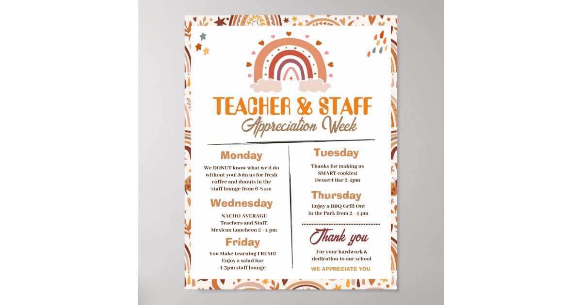 Teacher Appreciation Week Itinerary editable Poster | Zazzle