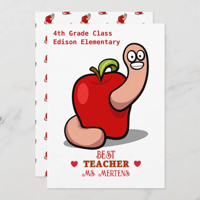 Teacher Appreciation Worm in Apple Add Name Thank You Card | Zazzle
