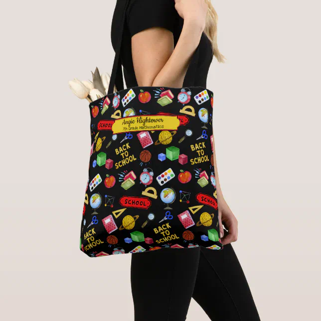 Teacher Back to School Theme Pattern Name Tote Bag | Zazzle