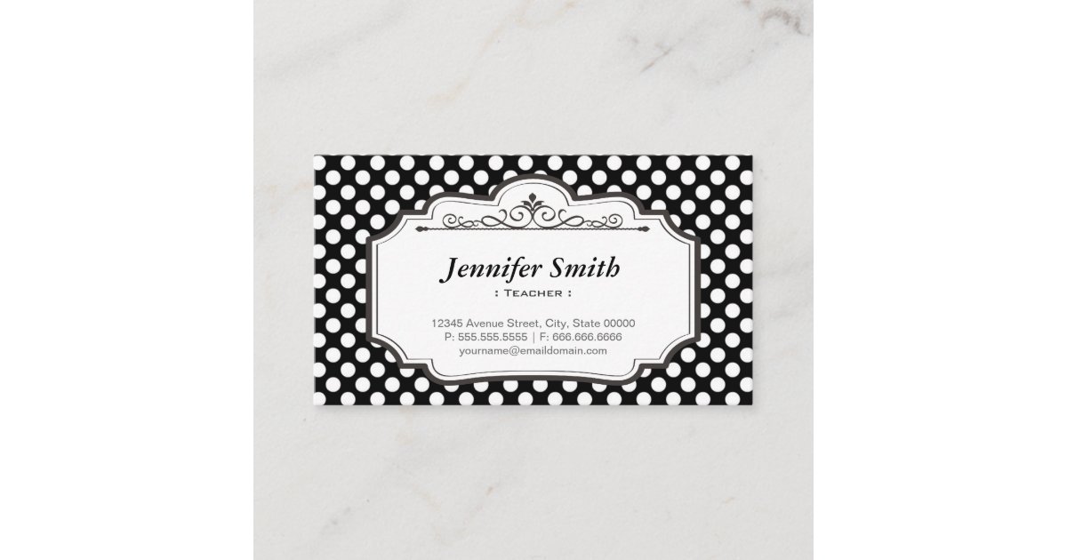 Teacher - Black Polka Dots Business Card | Zazzle