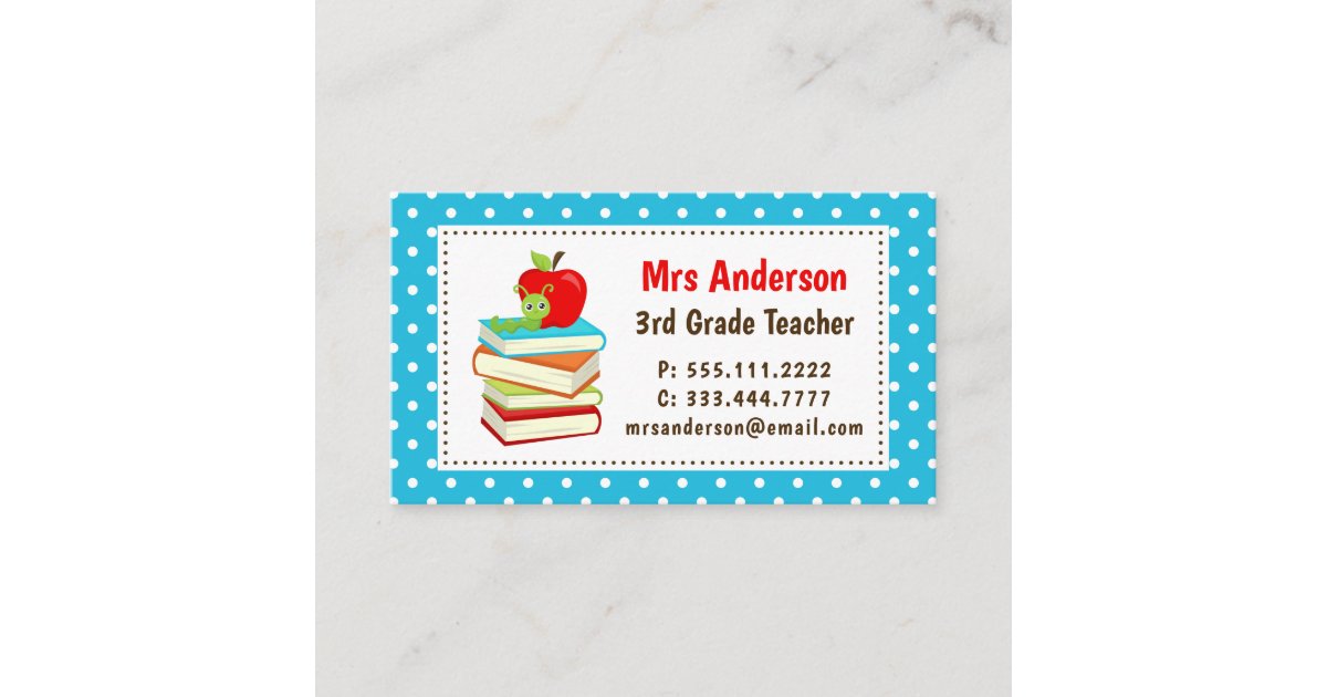 Teacher Bookworm Blue Polka Dots Business Card | Zazzle