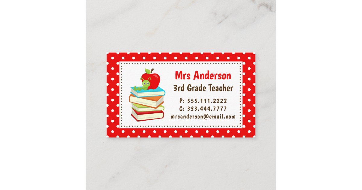 Teacher Bookworm Red Polka Dots Business Card | Zazzle