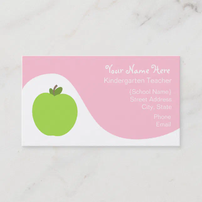Teacher Business Card - Green Apple & Pink | Zazzle