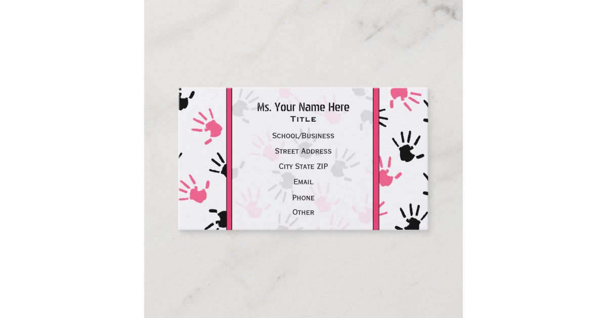Teacher Business Card Pink & Black Handprints | Zazzle
