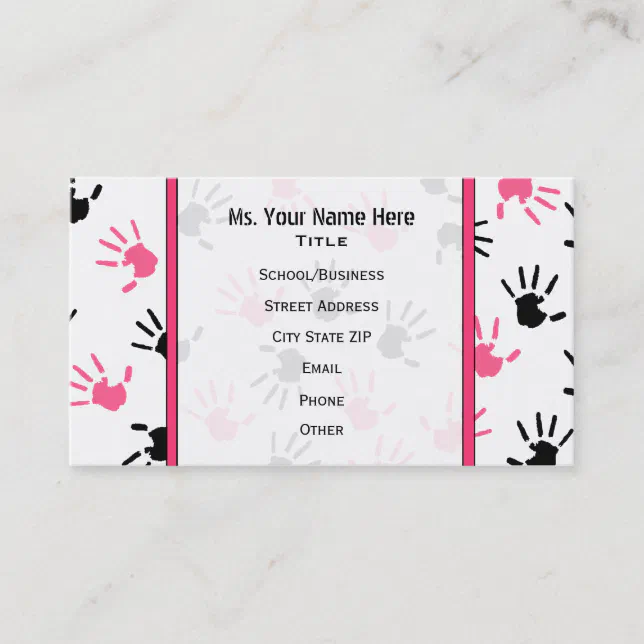 Teacher Business Card Pink & Black Handprints | Zazzle