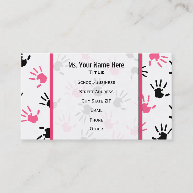 Teacher Business Card Pink & Black Handprints | Zazzle