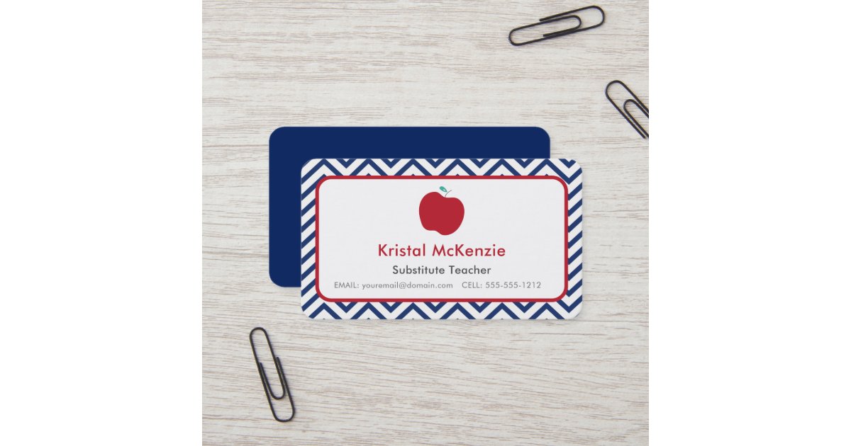Teacher Business Cards Navy Blue Chevron & Apple | Zazzle