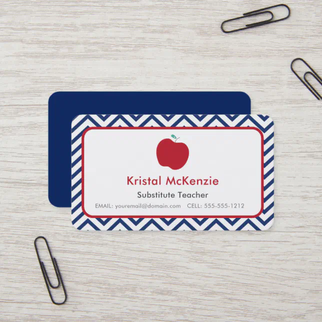 Teacher Business Cards Navy Blue Chevron & Apple | Zazzle