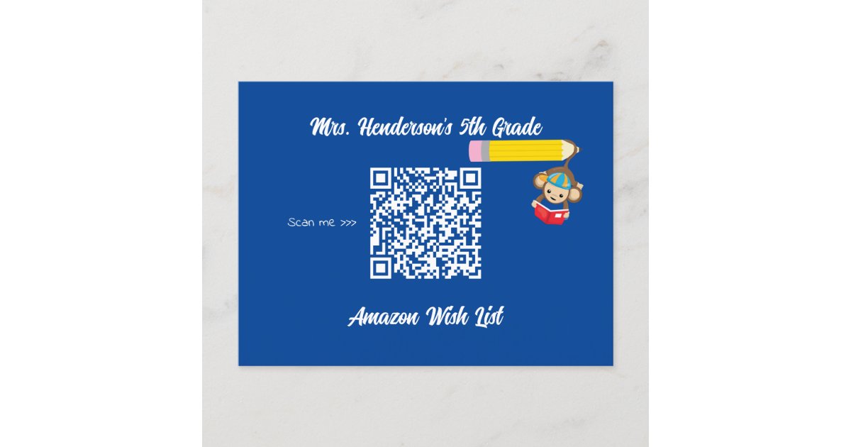 Teacher Classroom Wish List QR Code Monkey Postcard | Zazzle