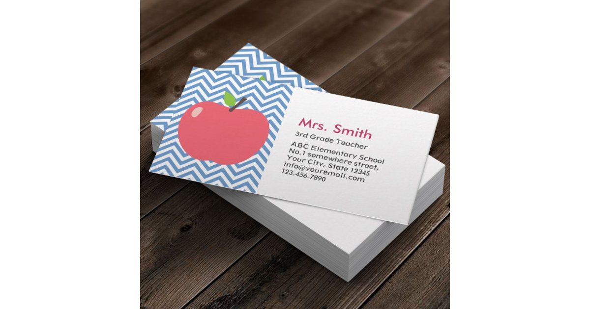 Teacher Cute Apple Modern Blue Chevron Stripes Business Card | Zazzle