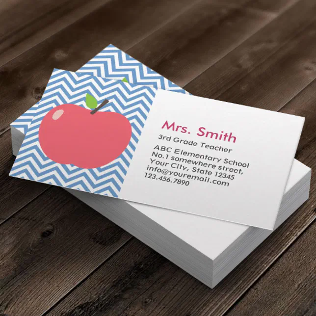 Teacher Cute Apple Modern Blue Chevron Stripes Business Card | Zazzle