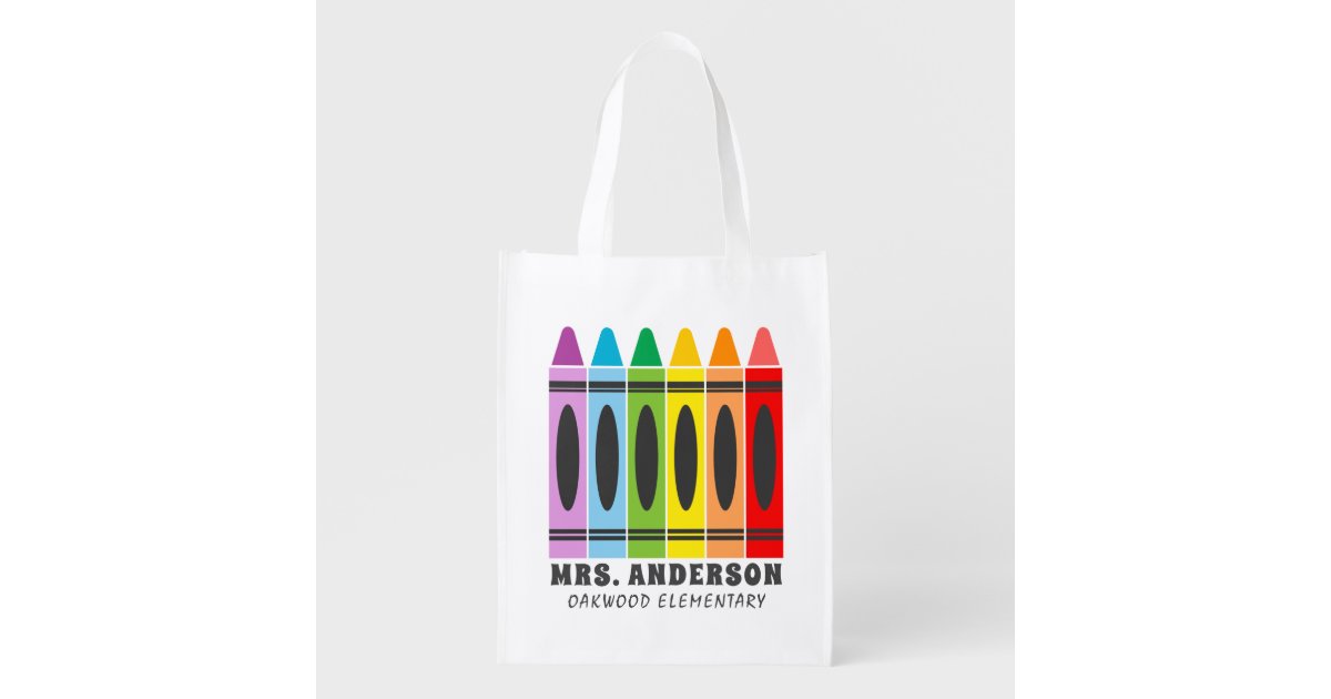 Teacher Cute Colorful Rainbow Crayons Personalized Grocery Bag | Zazzle