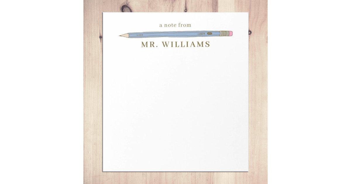 Teacher Gift Custom Illustrated Blue Pencil Notepad | Zazzle