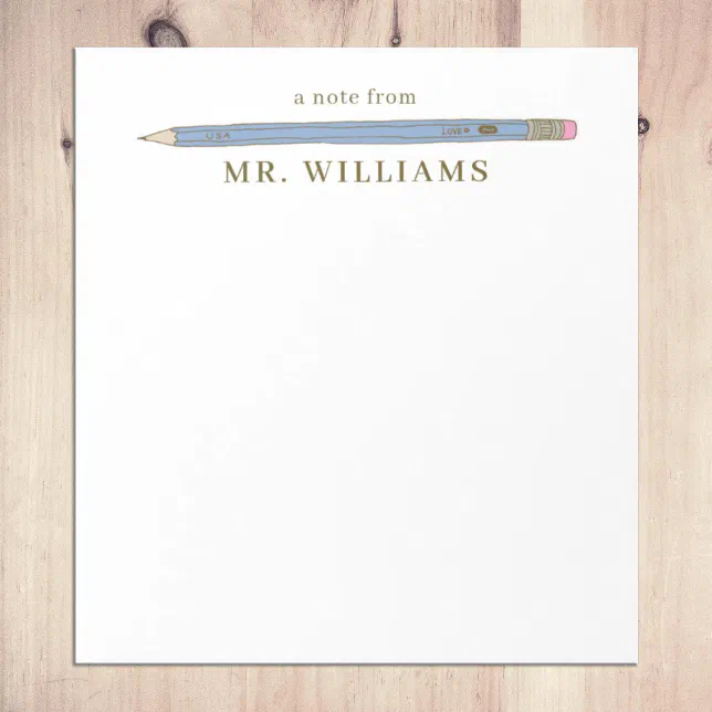 Teacher Gift Custom Illustrated Blue Pencil Notepad | Zazzle