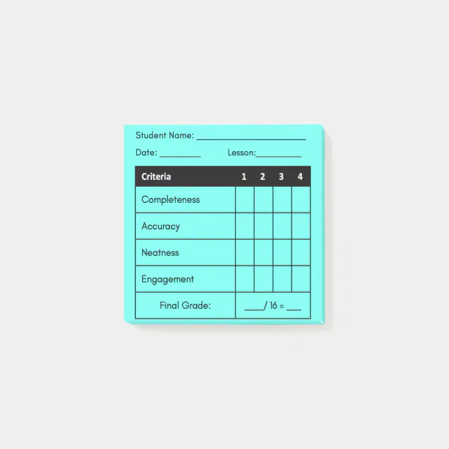 Teacher Grading Rubric for Classwork in Blue Post-it Notes | Zazzle