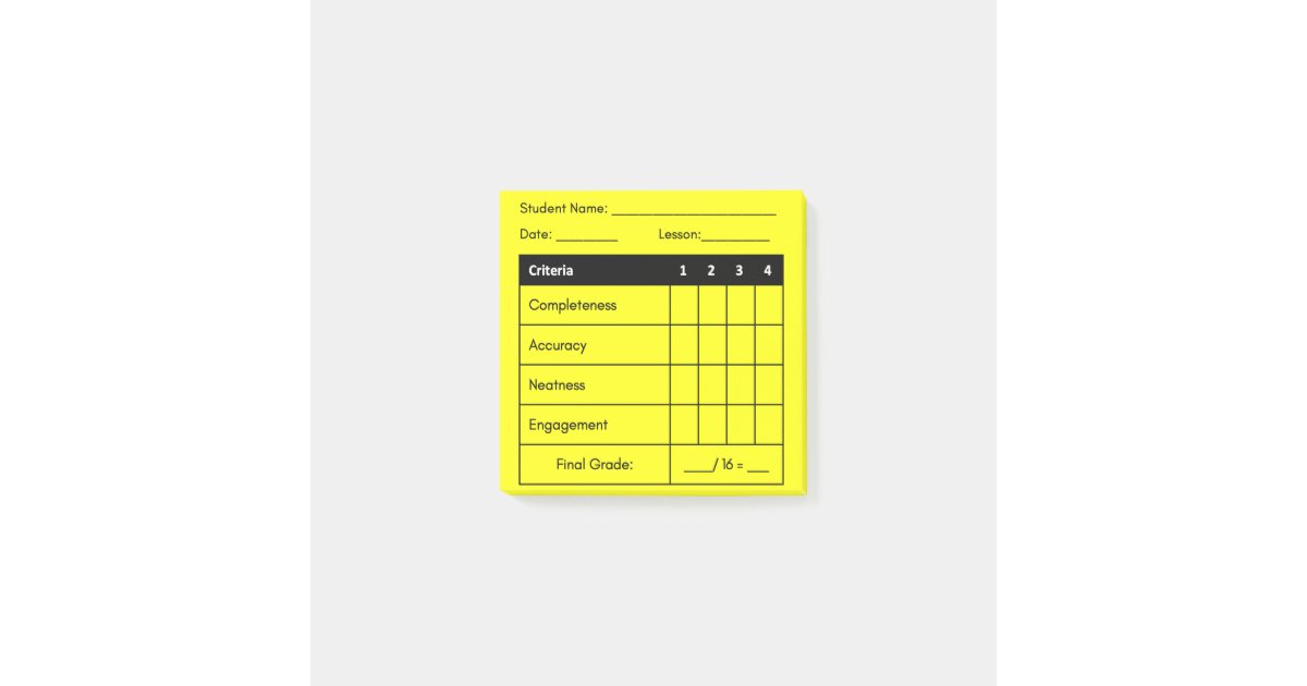Teacher Grading Rubric for Classwork in Yellow Post-it Notes | Zazzle