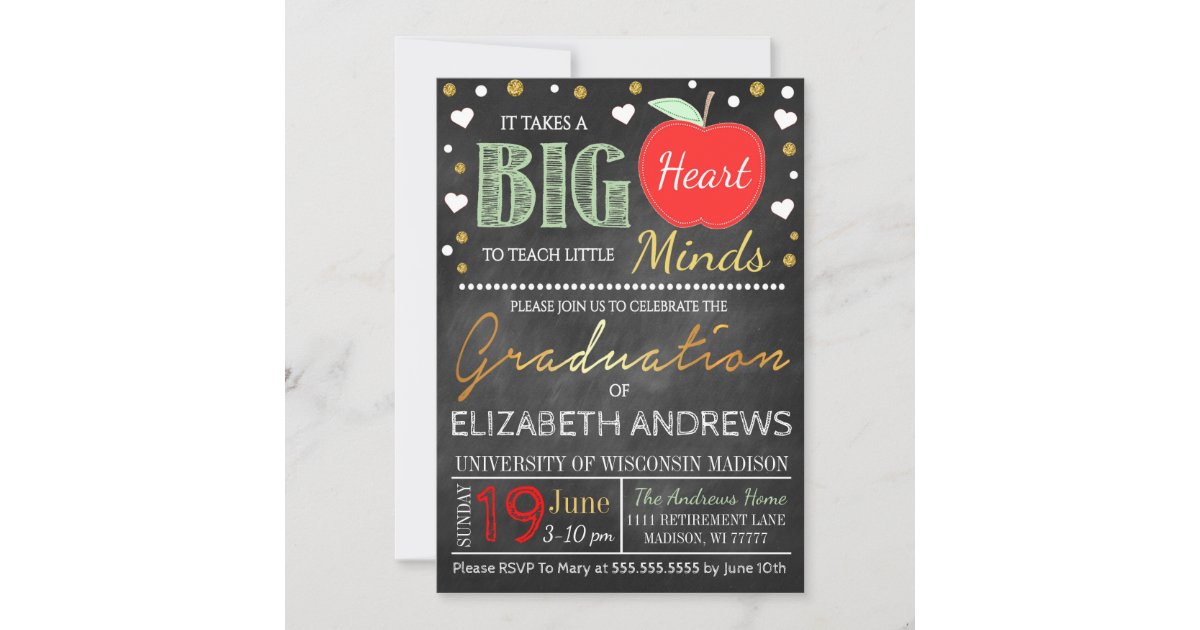 Teacher Graduation Chalkboard Takes a Big Heart Invitation | Zazzle
