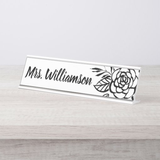 Teacher Monogram Black White Chic Flower Desk Name Plate | Zazzle