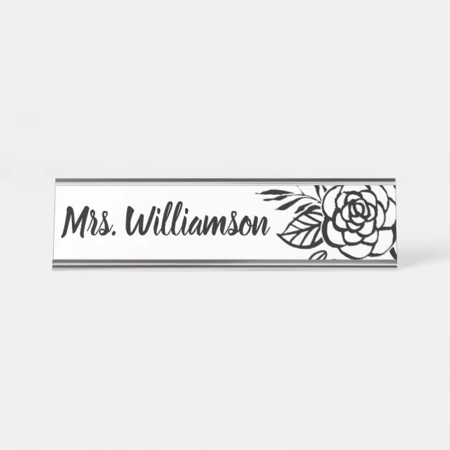 Teacher Monogram Black White Chic Flower Desk Name Plate | Zazzle
