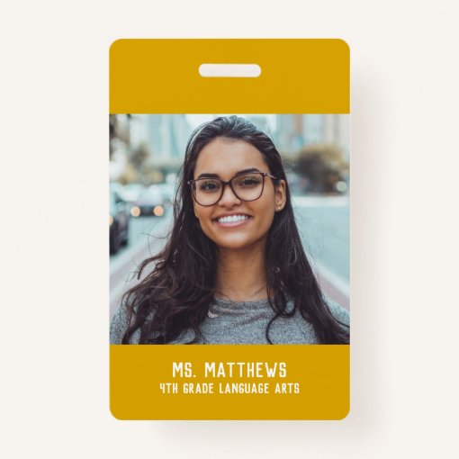 Teacher name badge with photo - yellow | Zazzle