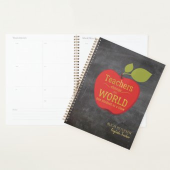 Teacher Name Gold Script Red Apple Blackboard Planner | Zazzle