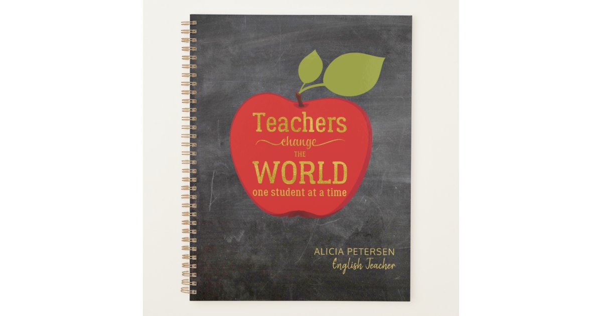 Teacher Name Gold Script Red Apple Blackboard Planner | Zazzle