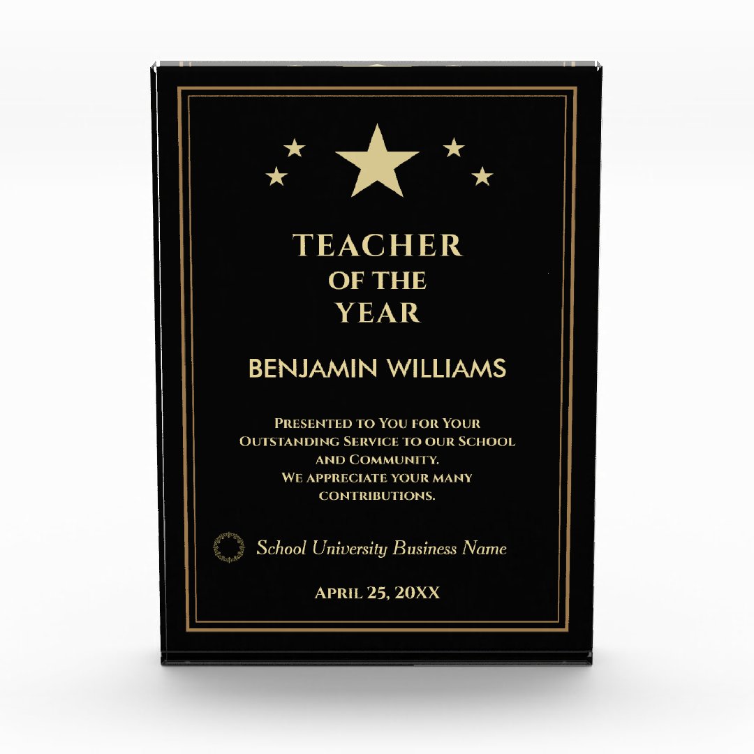 Teacher of the Year Gold Stars Logo Personalize Photo Block | Zazzle